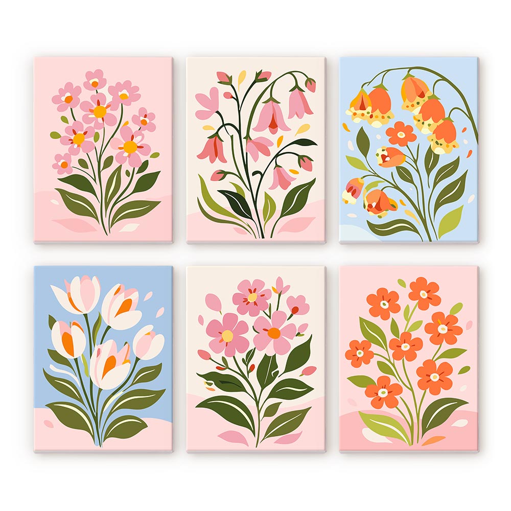 Mini Peinture par numéros 15x20cm (6 pièces) - Fleurs Printanières ...